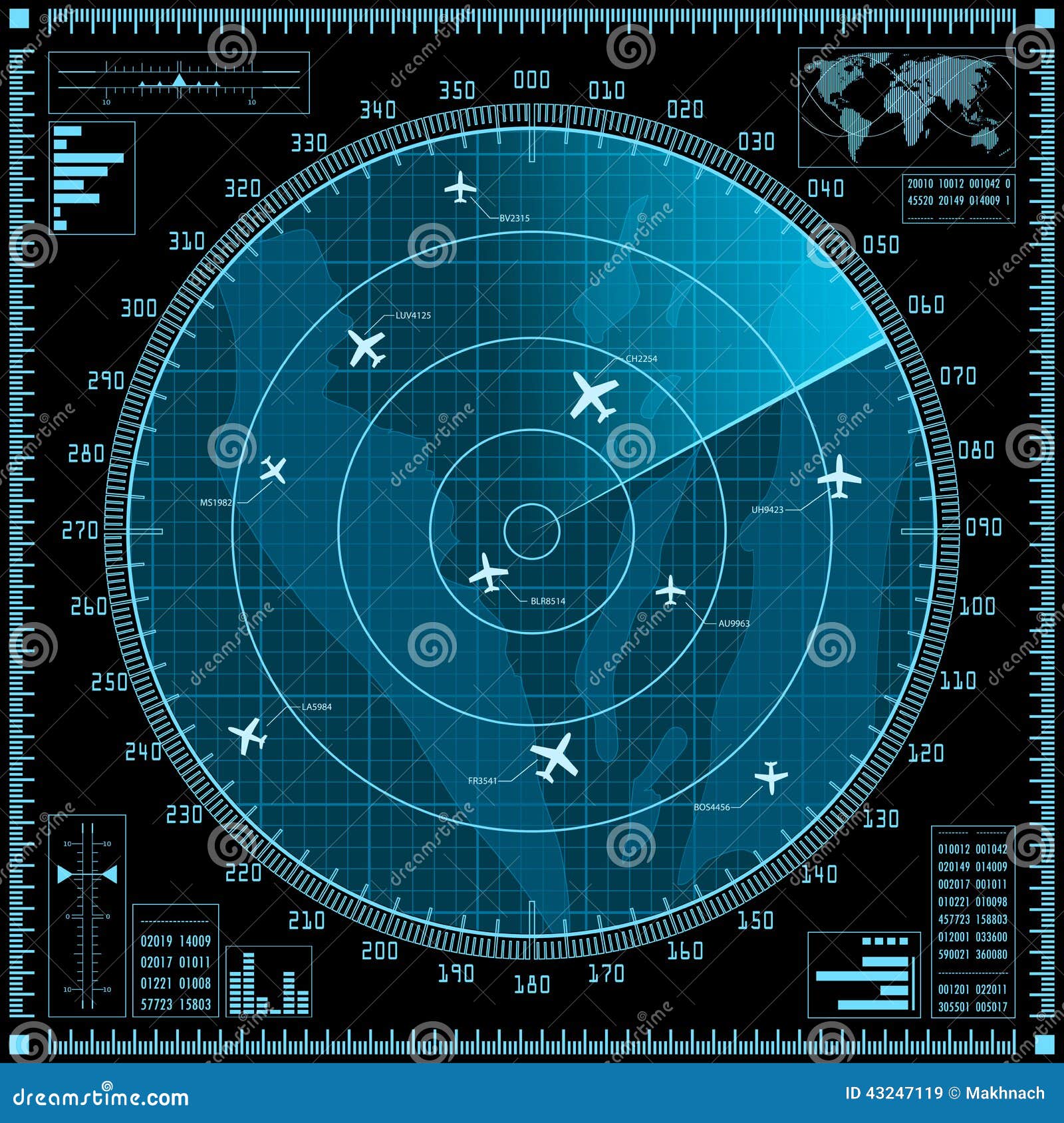 Schermo Radar Blu Con Gli Aerei Illustrazione Vettoriale - Illustrazione di elementi, griglia ...