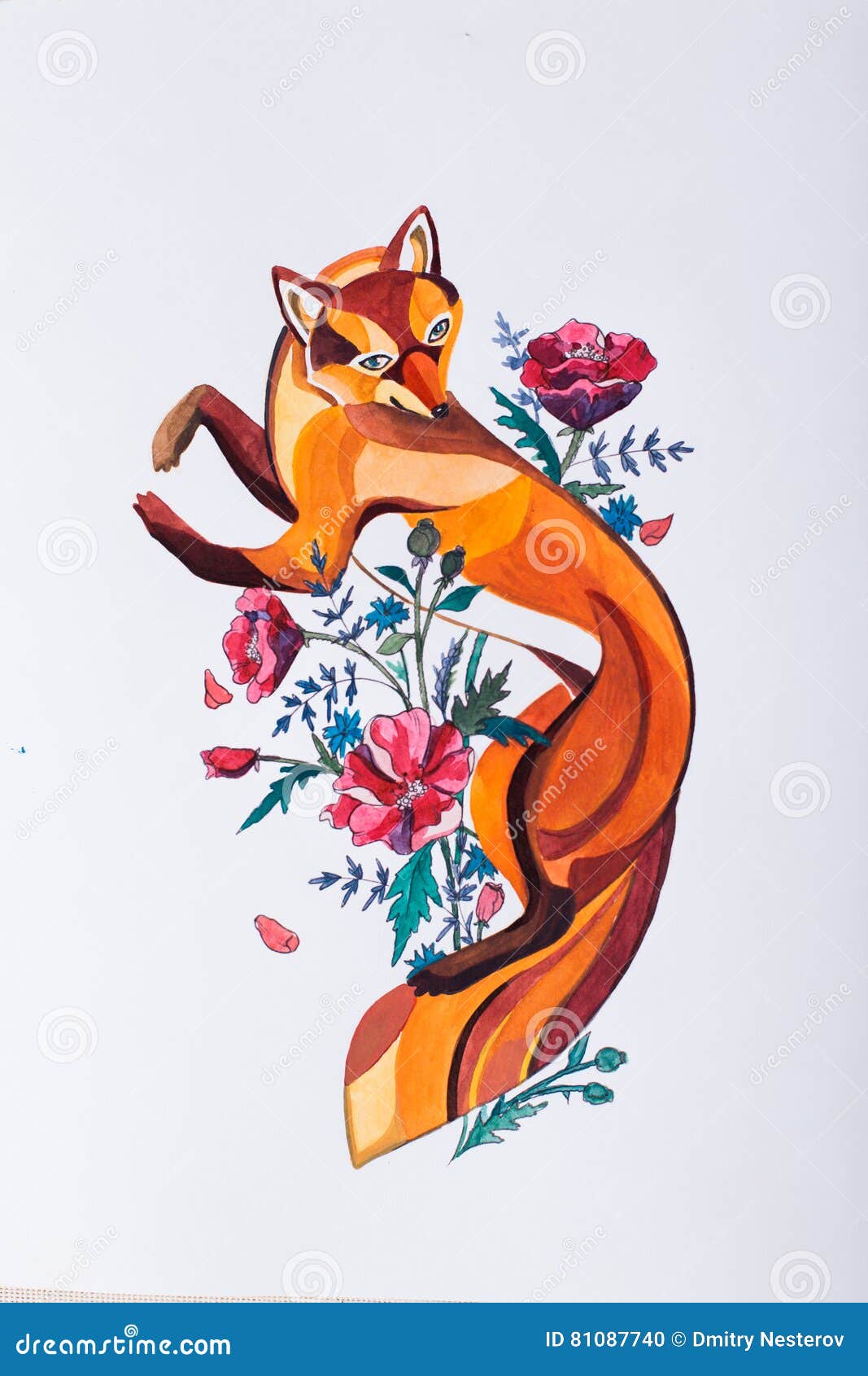 Schets Van Vos in De Kleuren Op Witte Achtergrond Stock Illustratie ...
