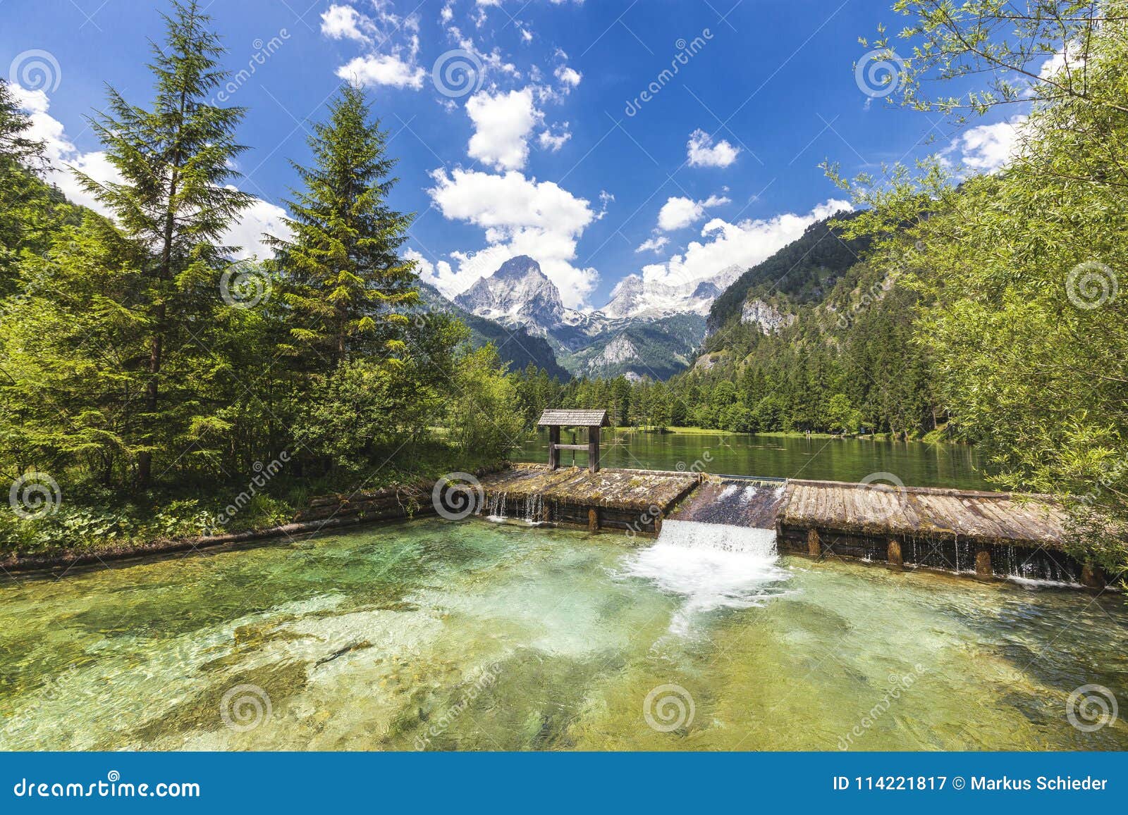 At the Schiederweiher in Hinterstoder with a View at the Mountain Peaks ...