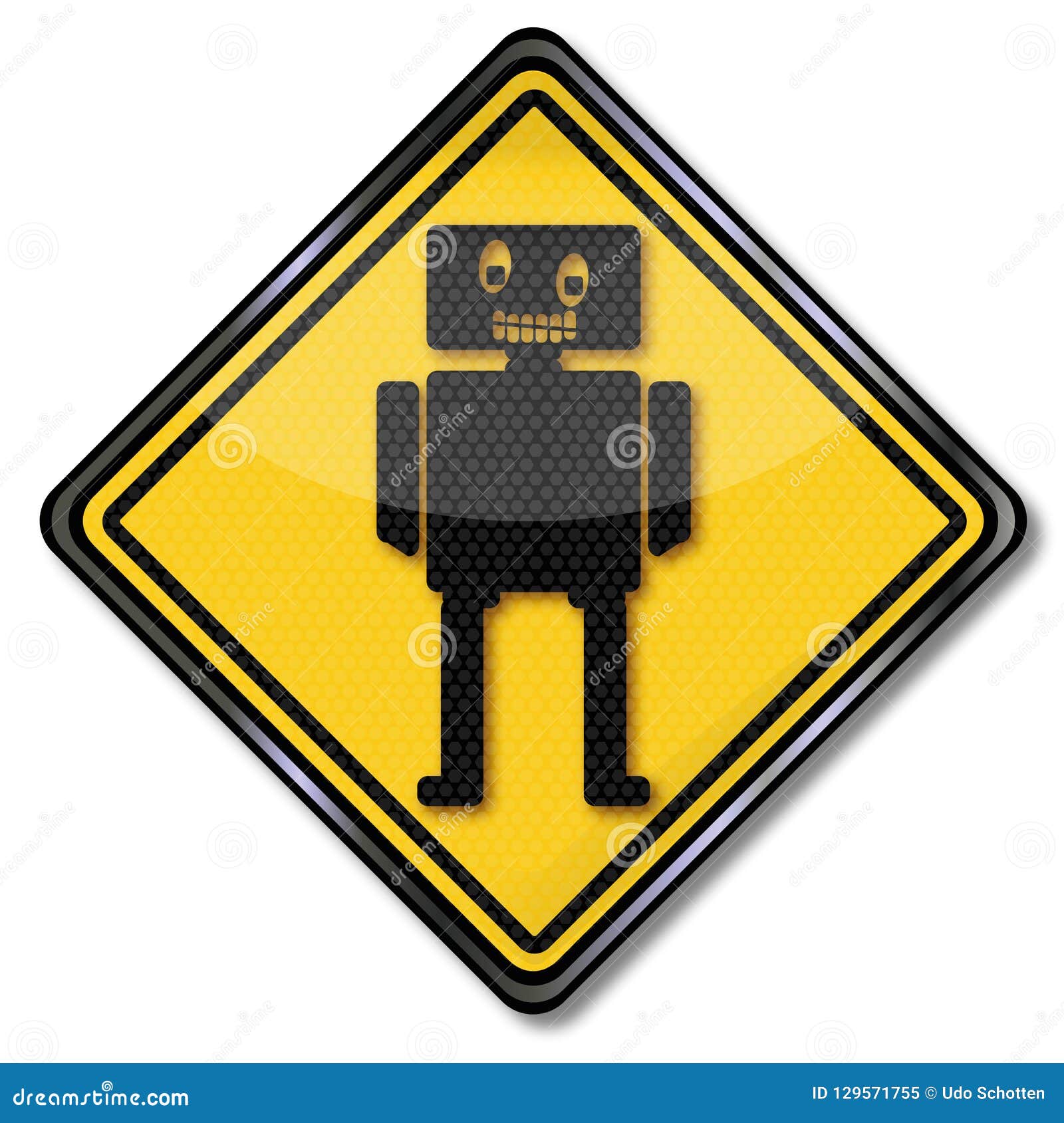 Sign with little toy robot stock vector. Illustration of danger - 129571755
