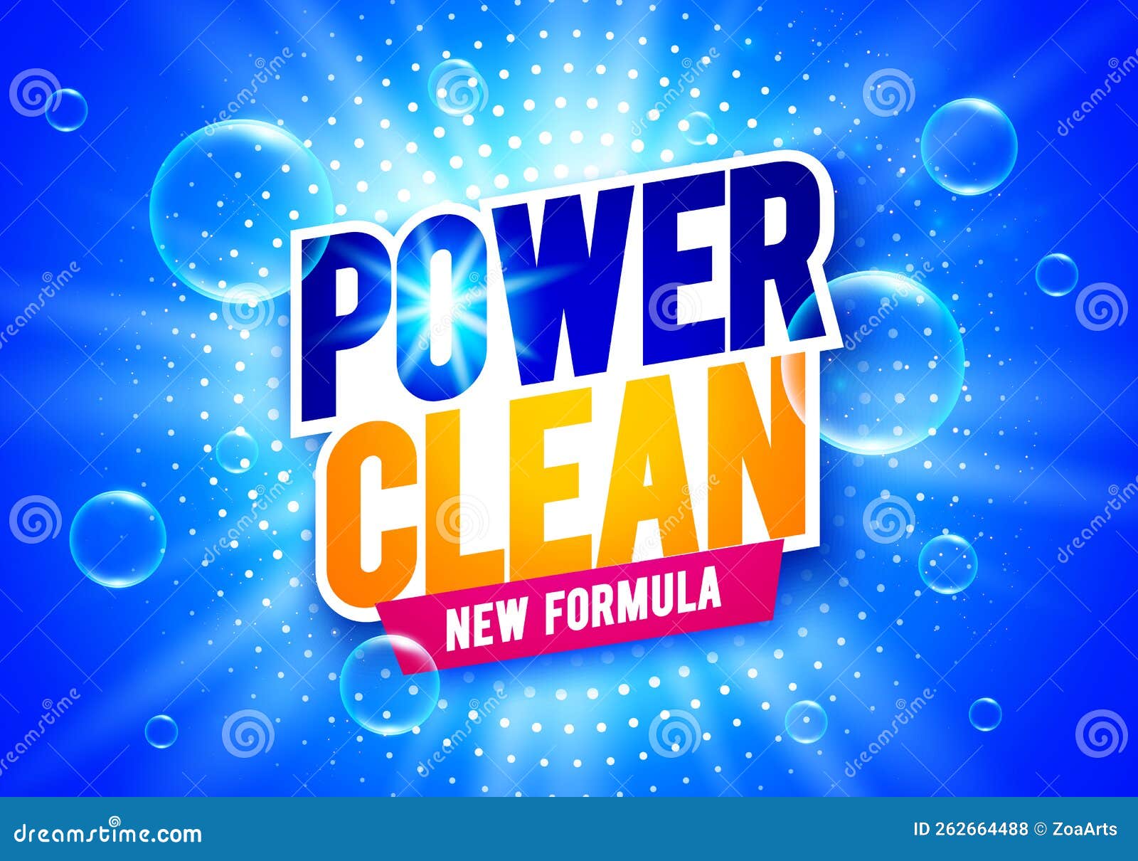 Vector Illustration Power Clean Wash Package Label with Soap Bubbles ...