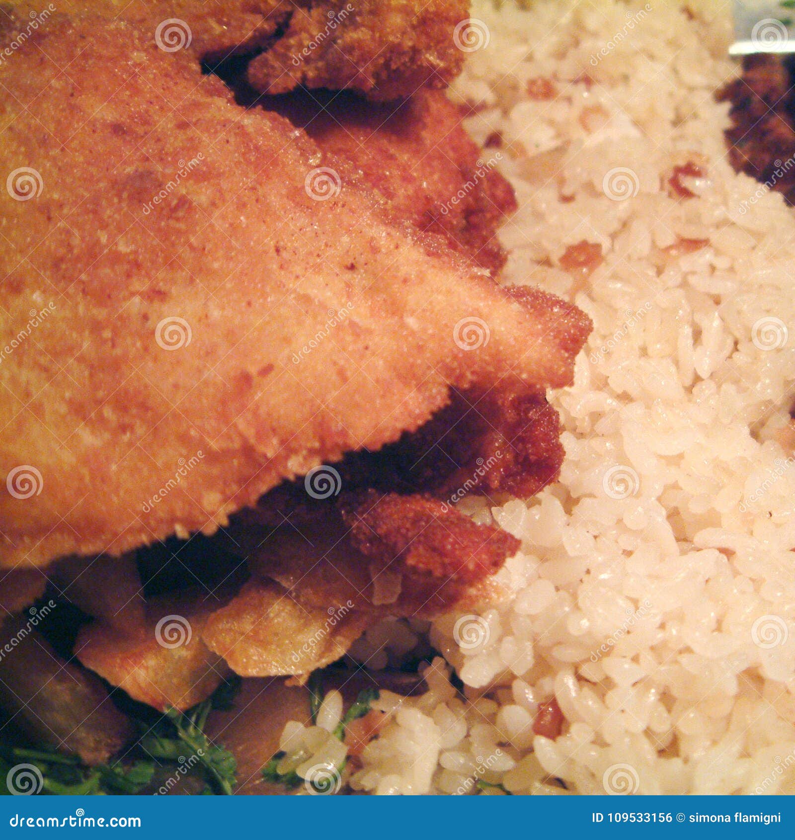 Schnitzel and rice closeup stock photo. Image of meat - 109533156