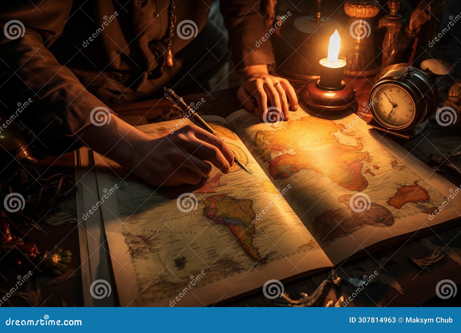 Scholarly Exploration: Studying an Ancient Map by Candlelight Stock ...