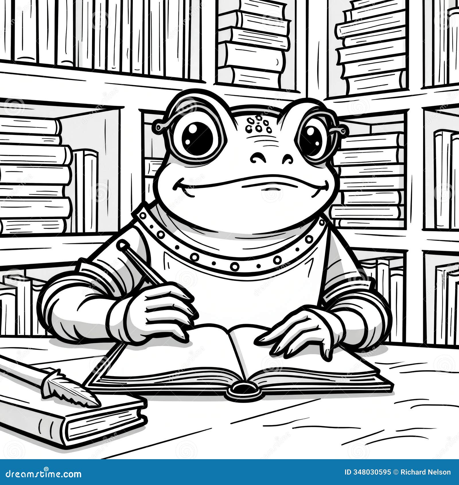 Scholarly Frog Reading Book in Library Study Stock Illustration ...