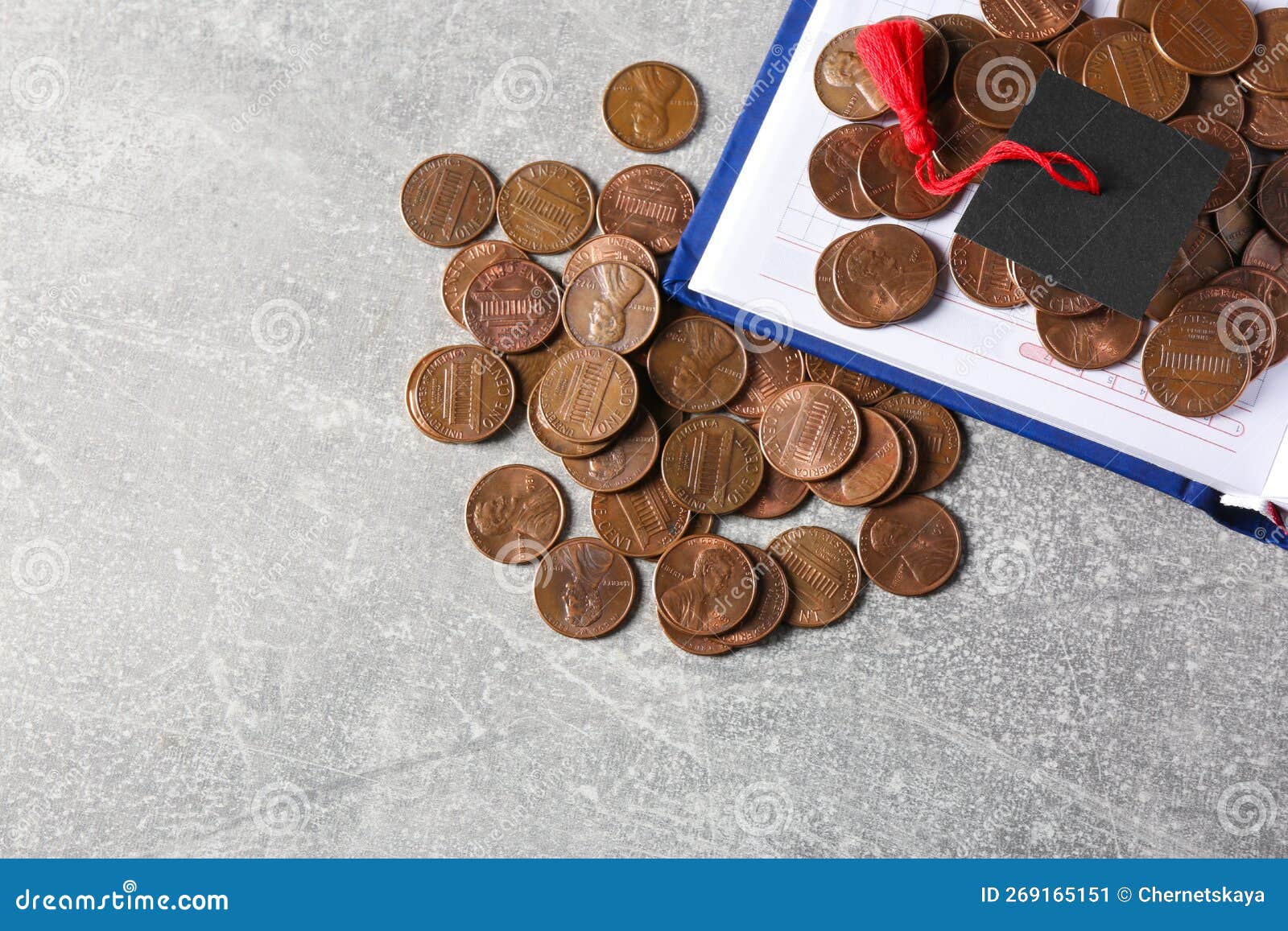 Scholarship Concept. Graduation Cap, Notebook and Coins on Light Grey ...