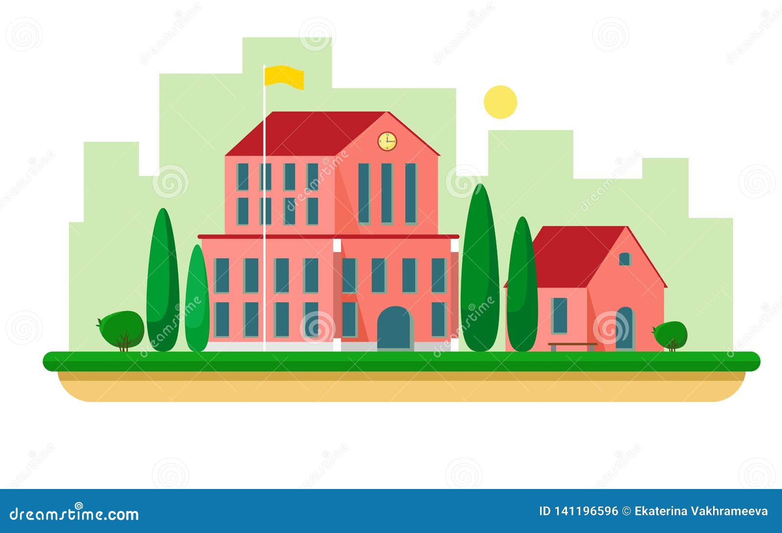 Bright Flat School Illustration with City Silhouette and Trees . Vector ...
