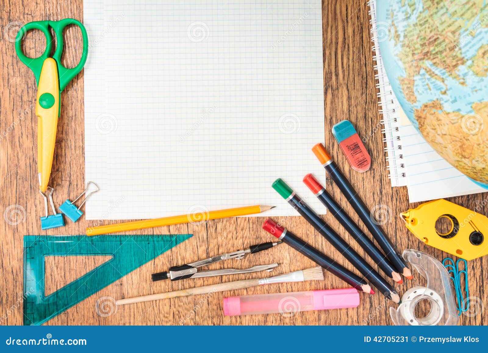 School Accessories on a Desk Stock Image - Image of compass, brush ...