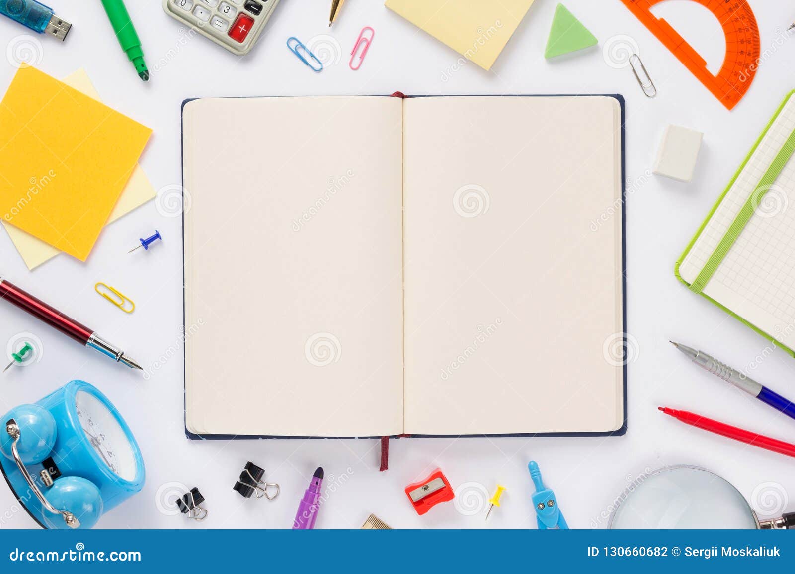 School Accessories and Open Notebook Stock Photo - Image of notebook ...