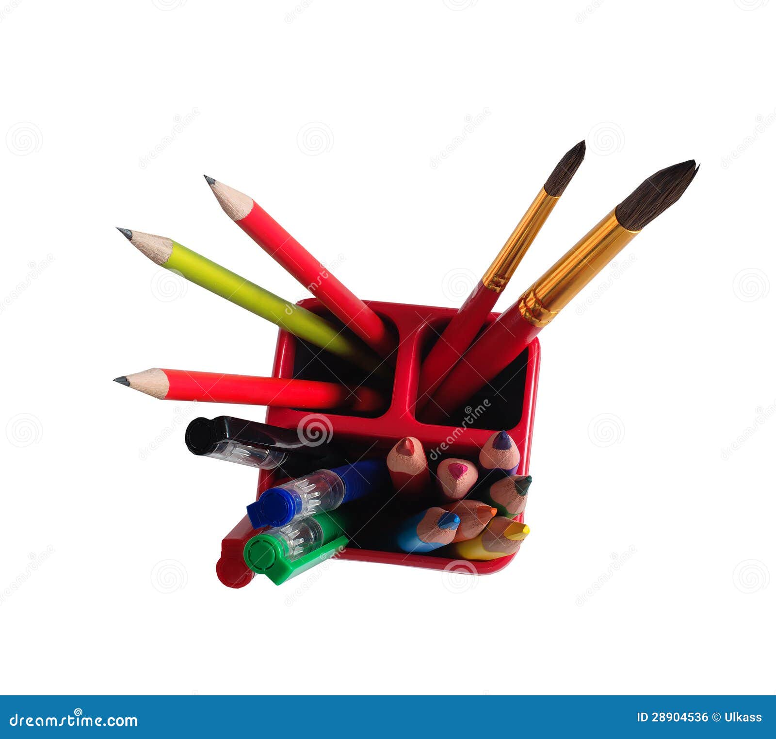 School Accessories: Pencils, Brushes, Pens in a Glass Stock Photo ...
