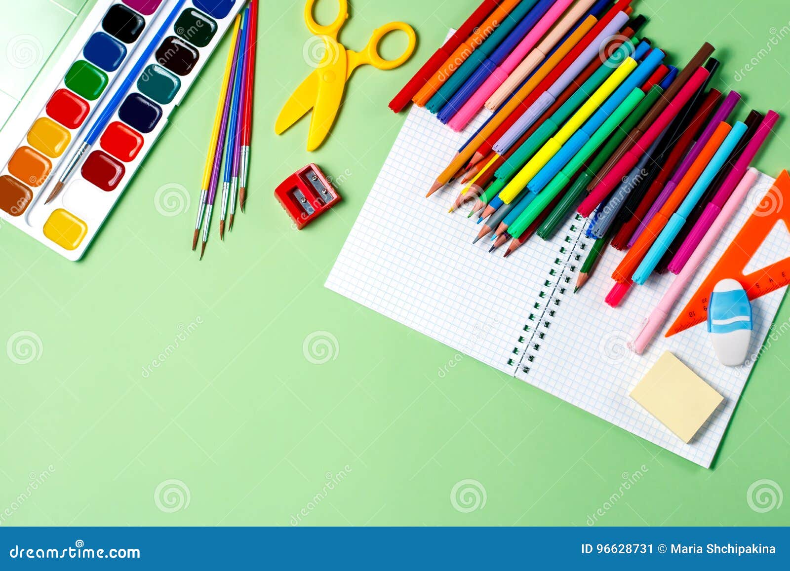 School Background. Various School Supplies on a Desktop, Copy Space ...