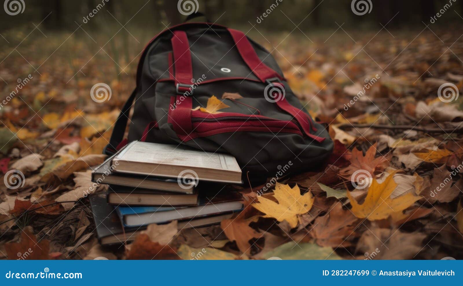 School Backpack with Books on the Ground Filled with Autumn Leaves ...
