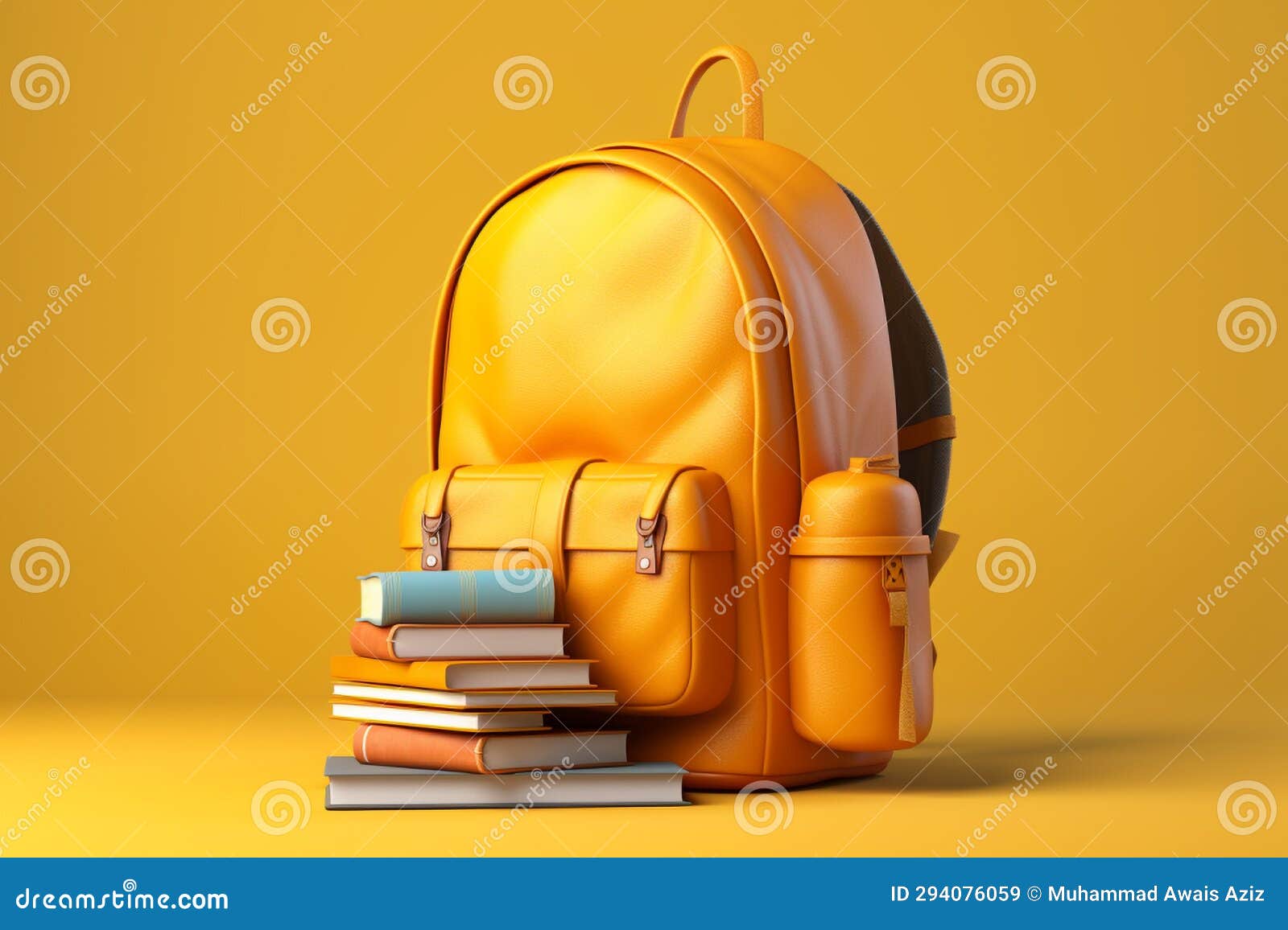 School Backpack with Books and Pencil on Orange Background. 3d ...