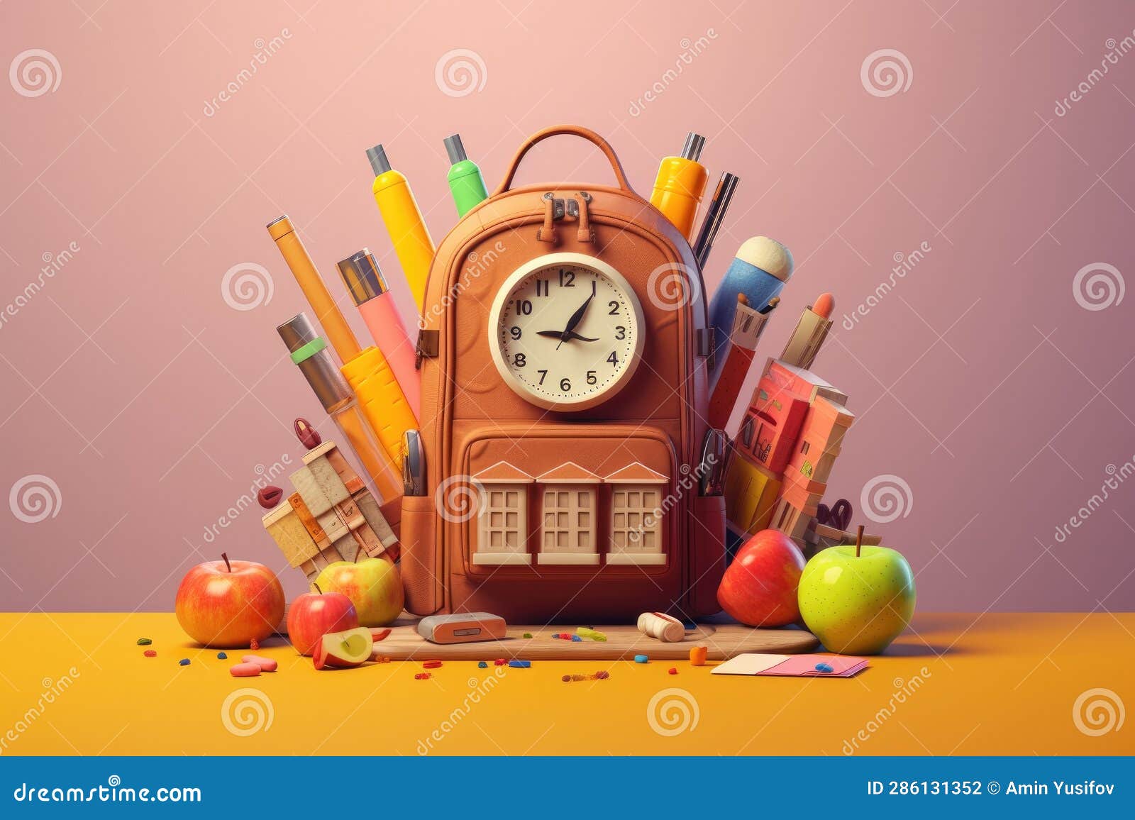 School Backpack with Clock, Back To School Concept Stock Photo - Image ...