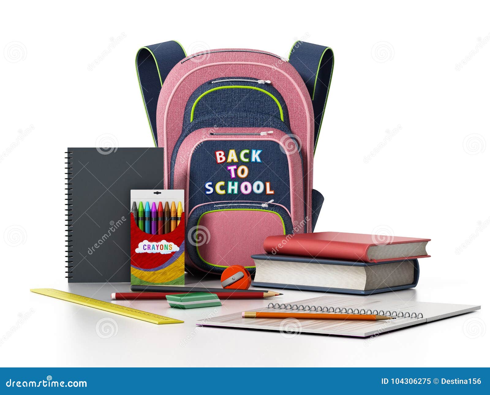 School Backpack and Objects Isolated on White Background. 3D ...