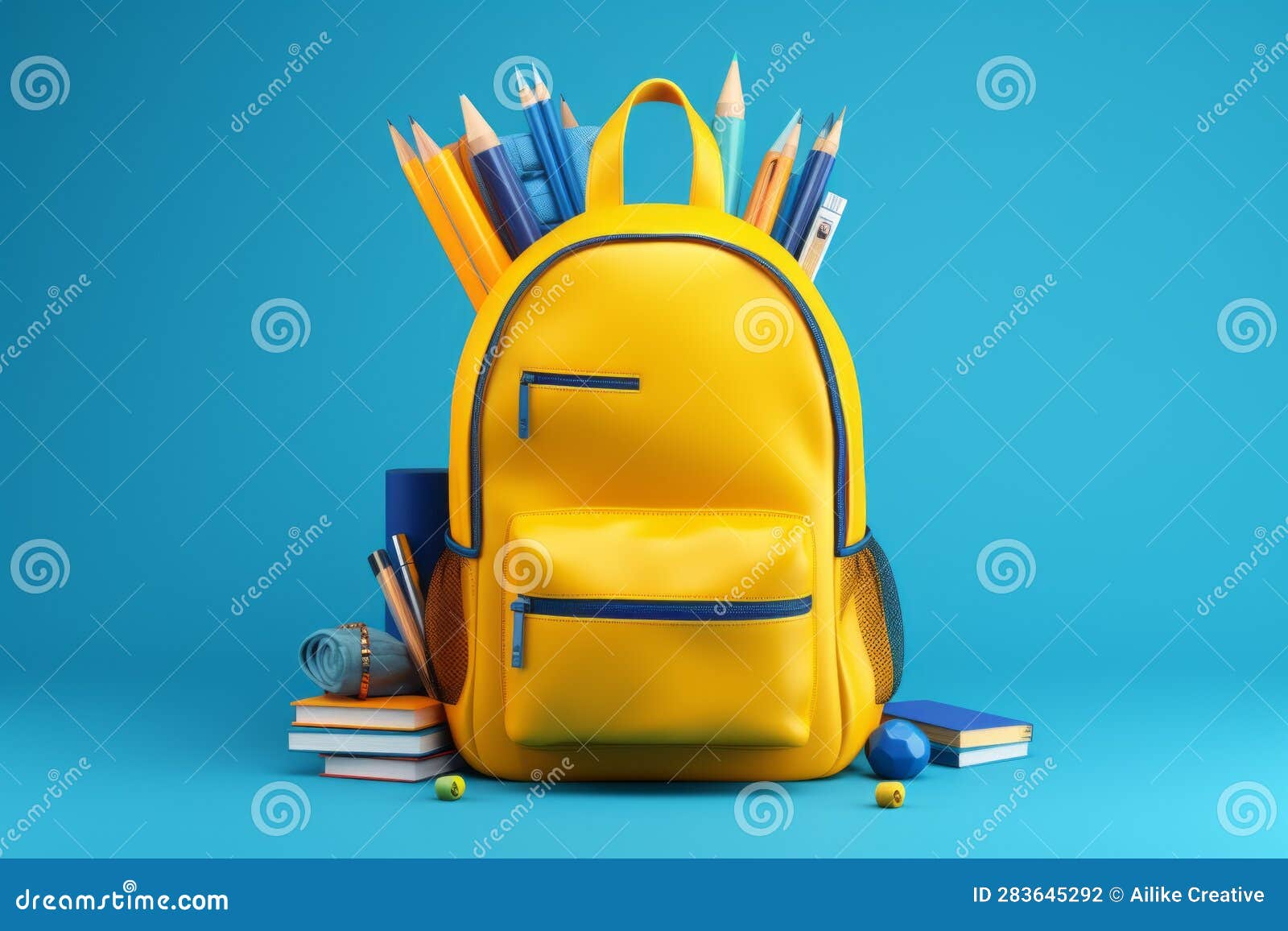 School Backpack with Stationery on a Blue Background. 3d Rendering ...