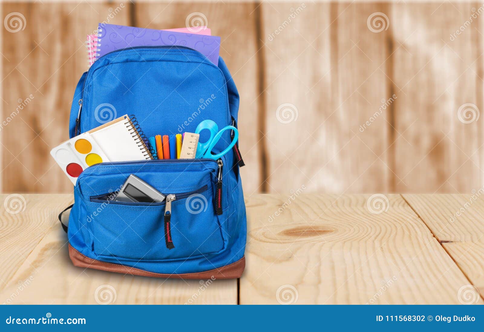 School Backpack with Stationery on Light Stock Photo - Image of ...