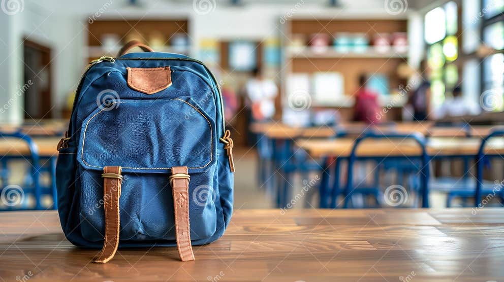 School Backpack on Table with Classroom of Kids in Background Back To ...