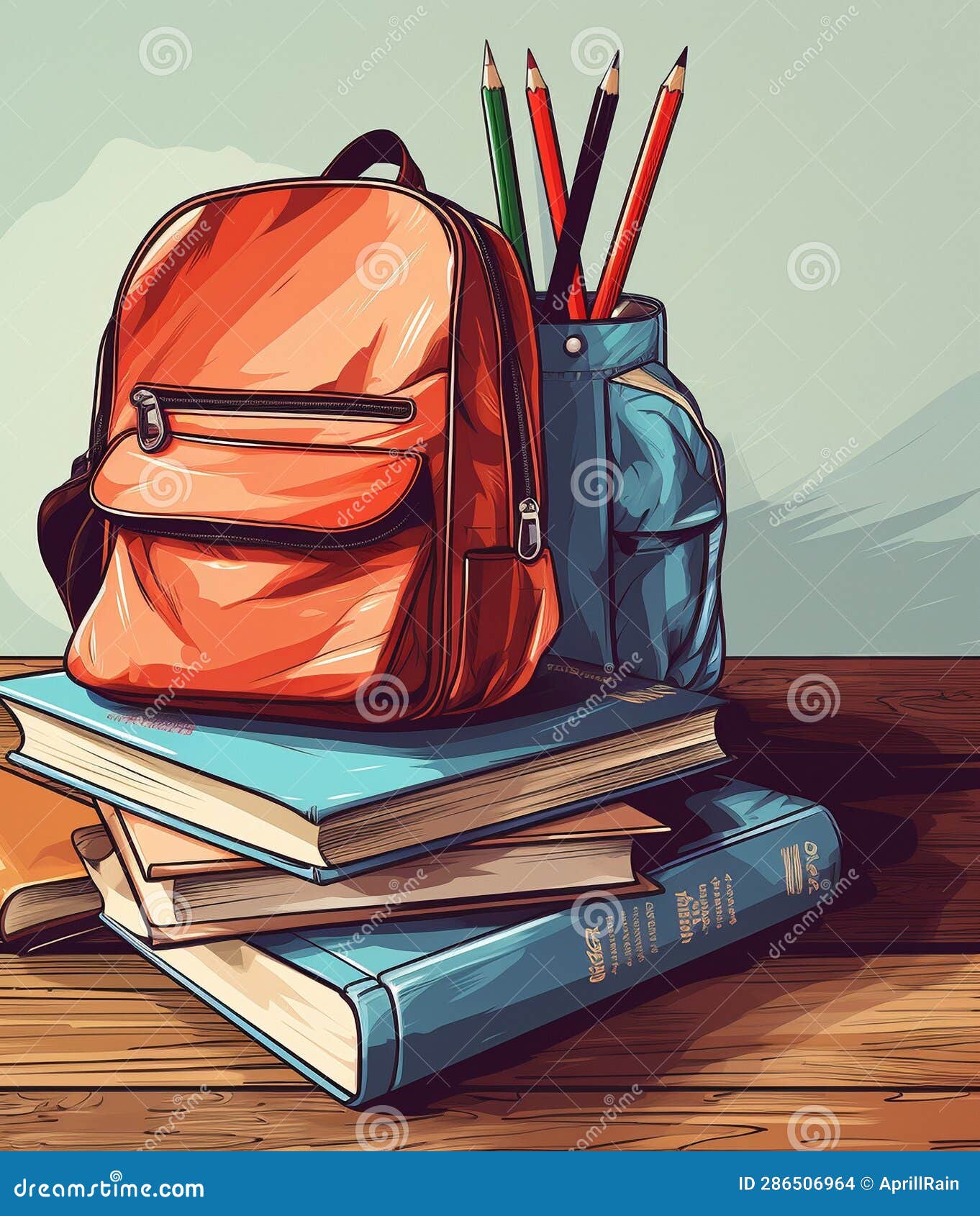 School Backpack with Textbooks Stock Illustration - Illustration of ...