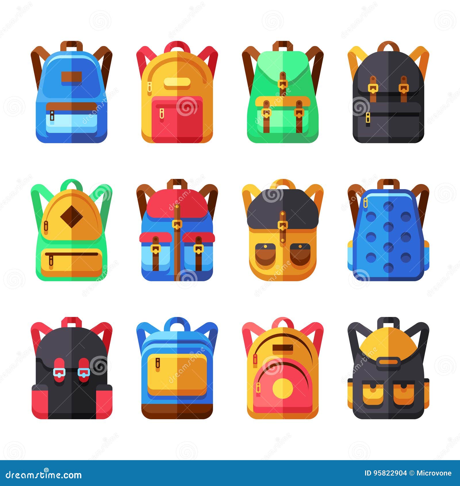 School Backpacks Vector Set. Kids Schoolbag Flat Collection Stock ...