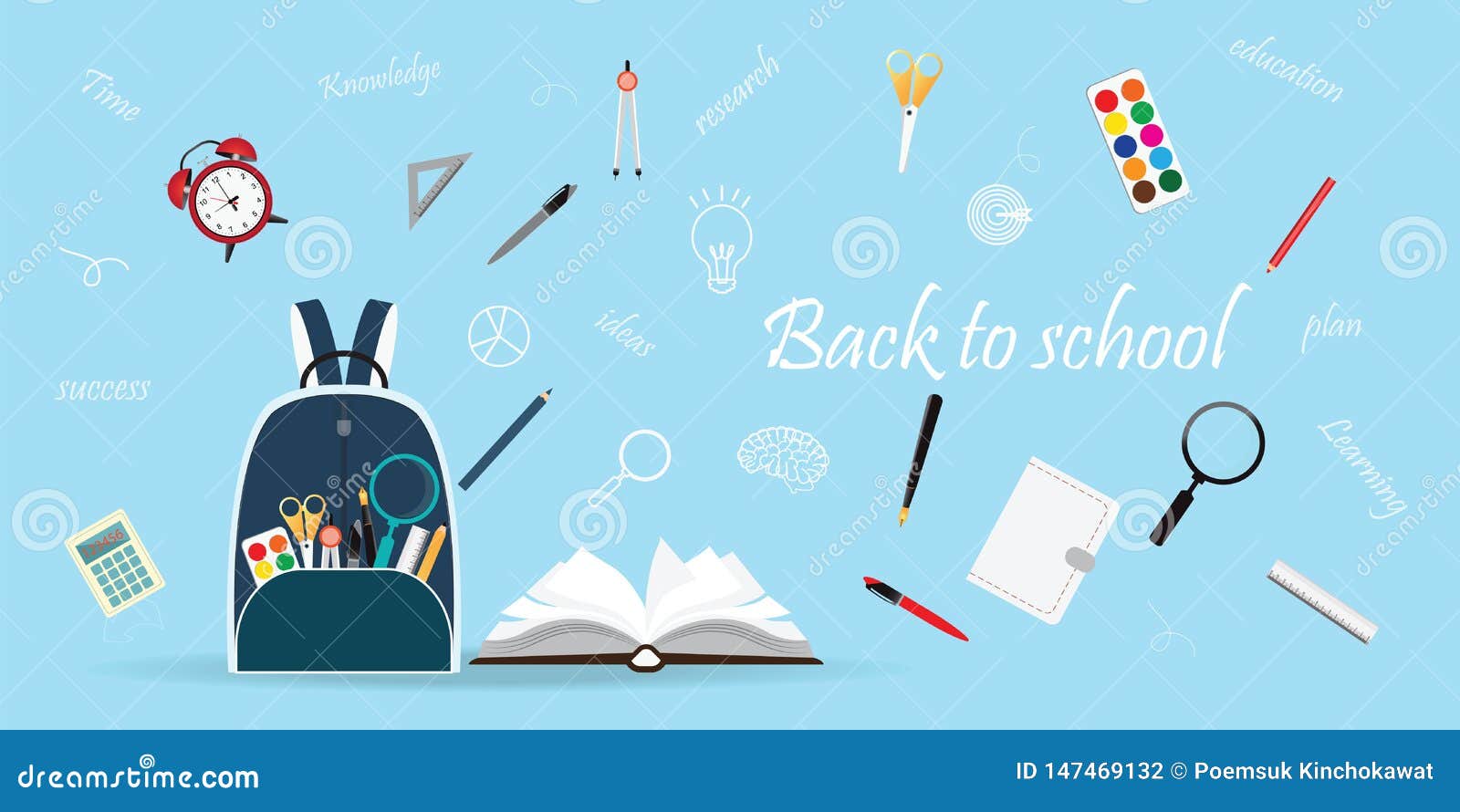 School Bag with Education Objects on Blue Background Stock Vector ...