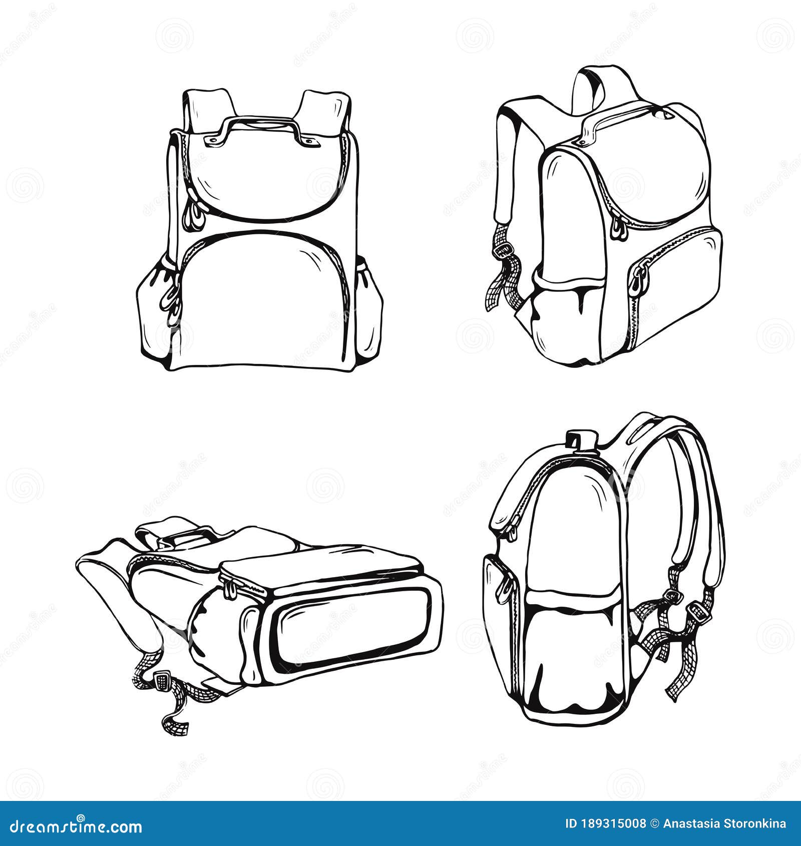 School Bag Set Different Views Outline Vector Sketches Isolated Stock ...