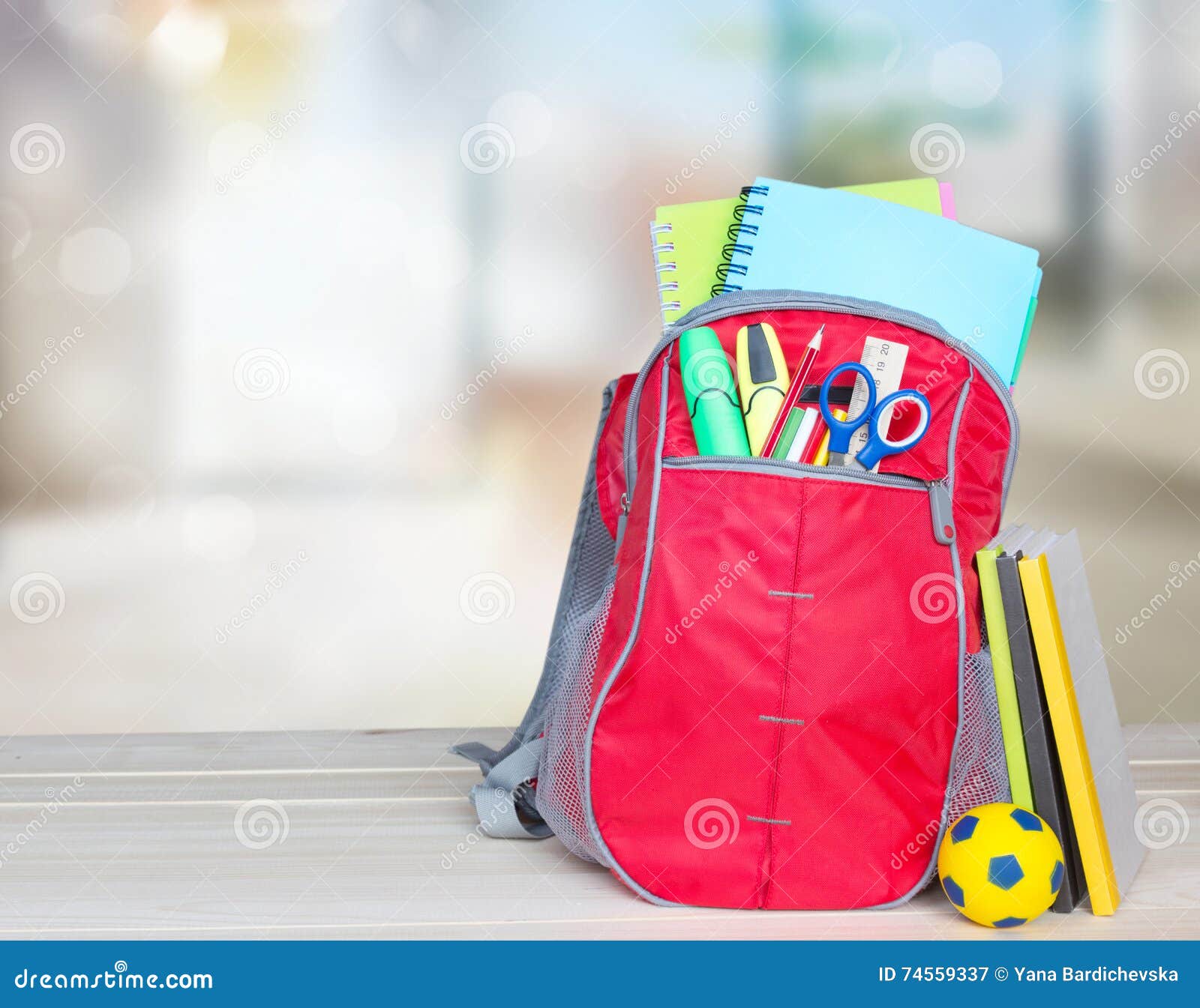 School Bag on Table Indoors Background. School Supplies. Stock Image ...