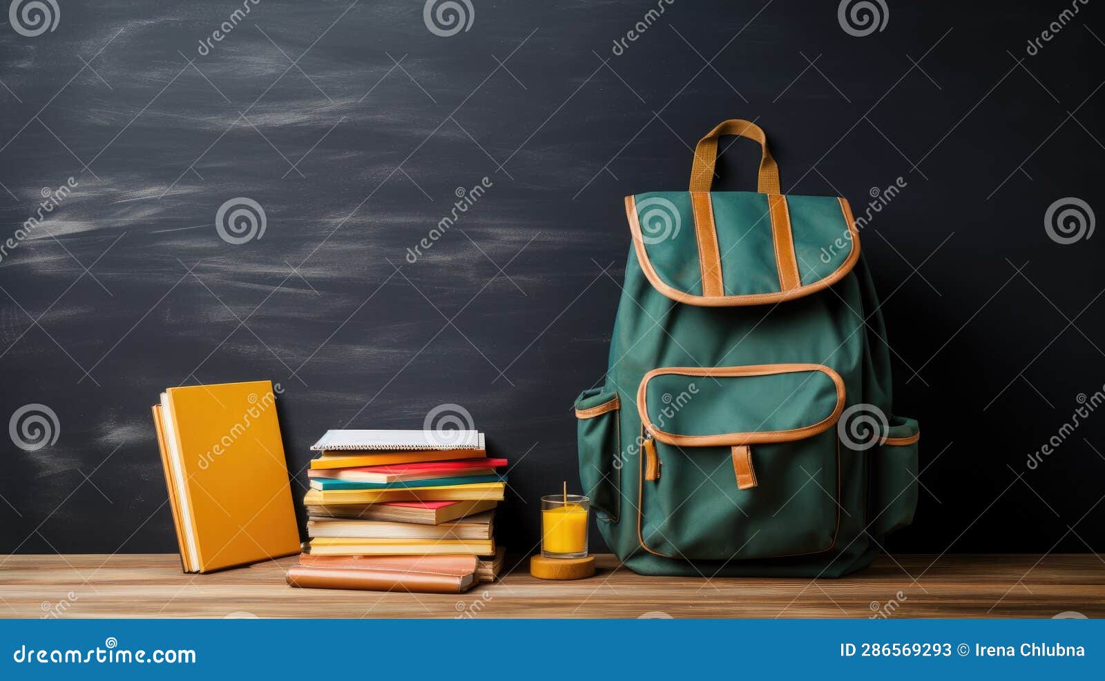 School Bag and Textbooks in Front of a Blackboard on a School Desk ...