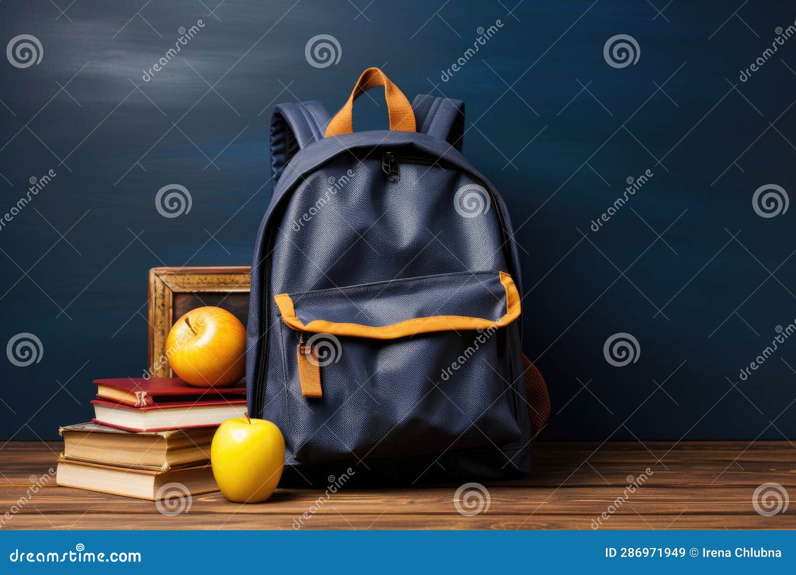 School Bag and Textbooks in Front of a Blackboard on a School Desk ...