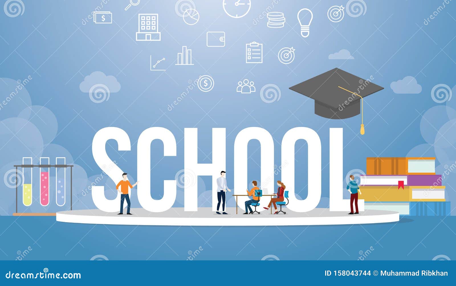 School Big Word with Education Icons and Book Stack with Student ...