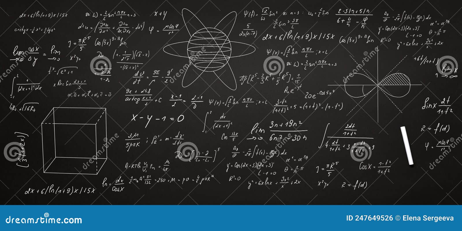 School Blackboard with Hand Written Formulas, Graphs and Draws Diagrams ...