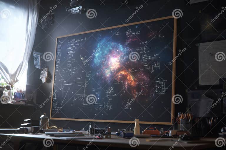 School Board Filled with Intricate Formulas Transforming into a Cosmic ...