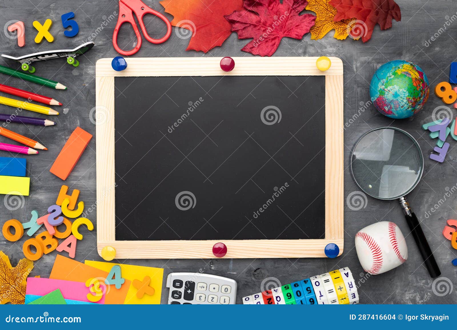 School Board and School Supplies on a Gray Table. View from Above ...