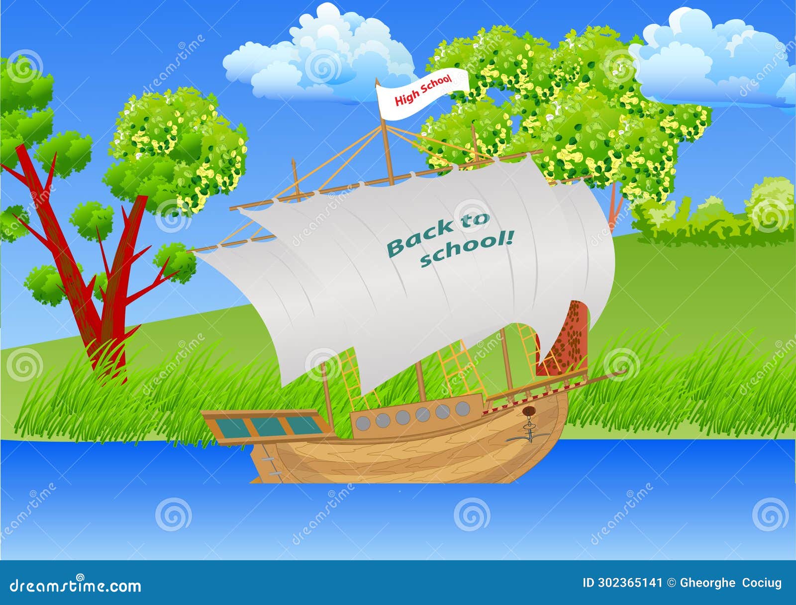 School boat on river stock vector. Illustration of grass - 302365141