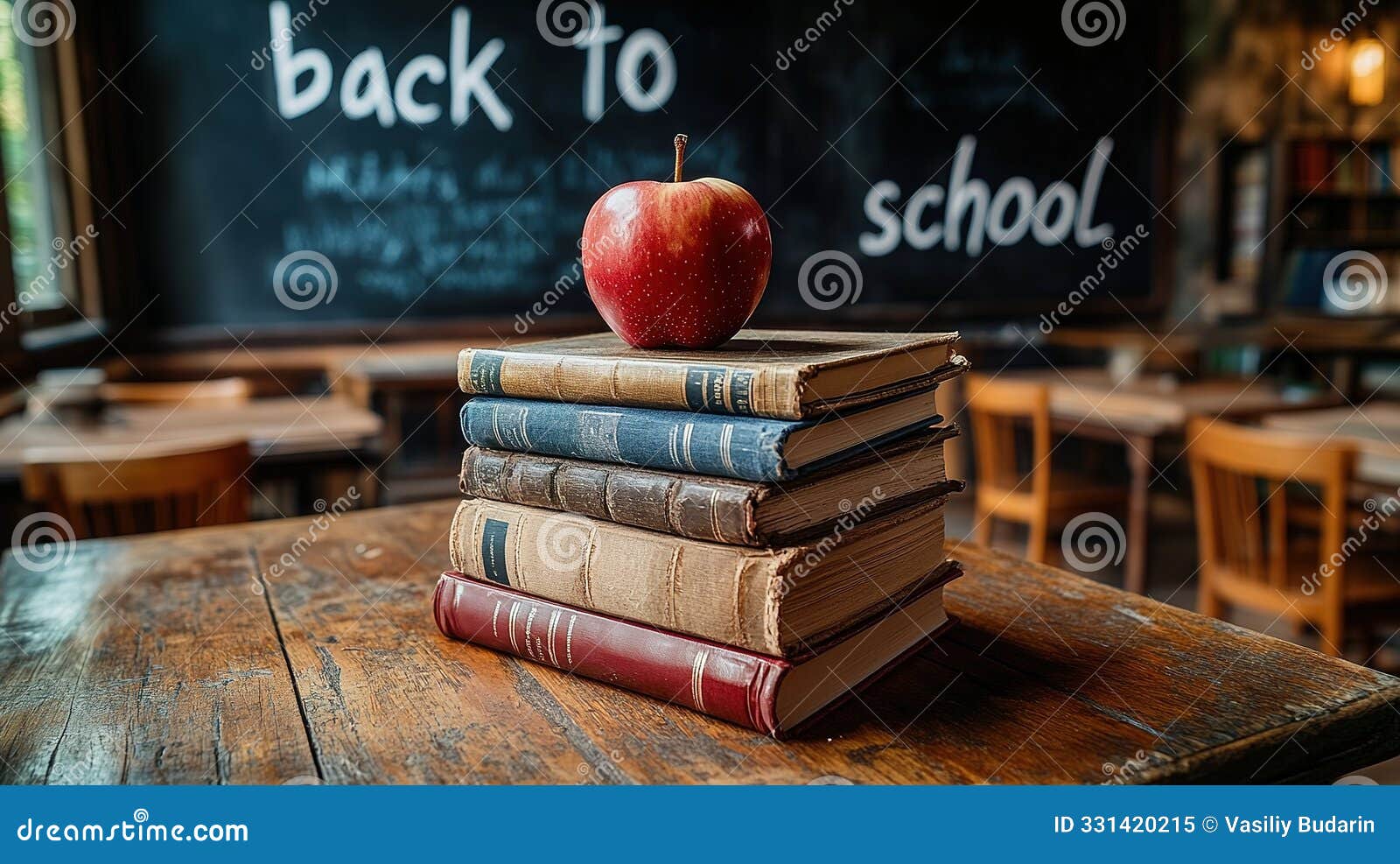 School Books with Apple on Desk. Back To School Stock Image - Image of ...