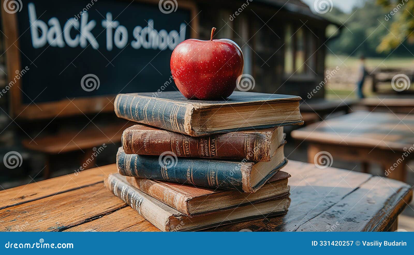 School Books with Apple on Desk. Back To School Stock Image - Image of ...