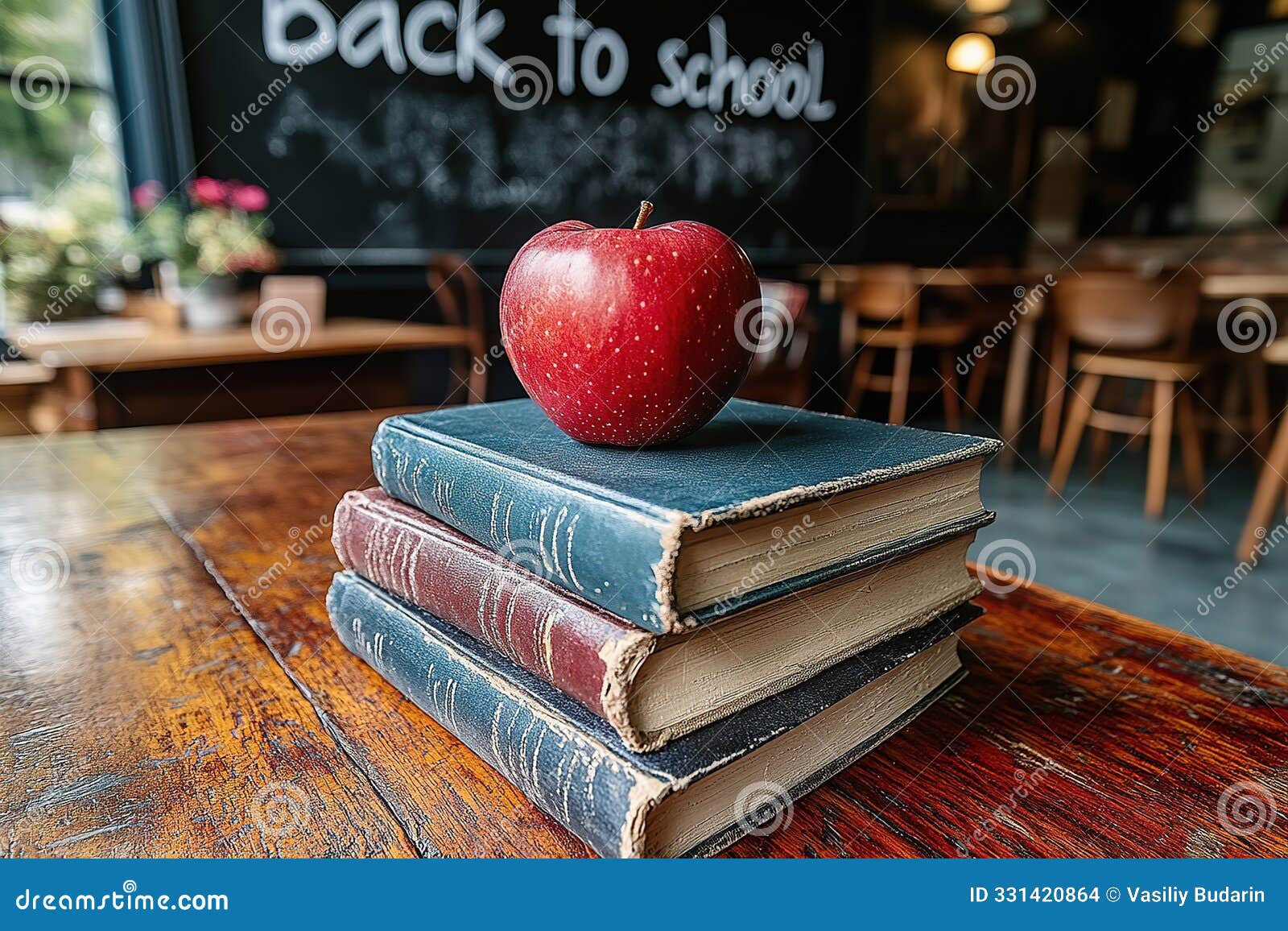 School Books with Apple on Desk. Back To School Stock Photo - Image of ...