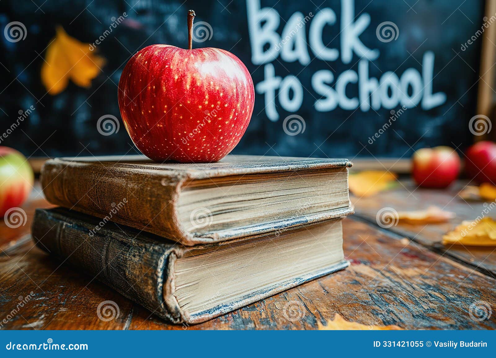 School Books with Apple on Desk. Back To School Stock Image - Image of ...