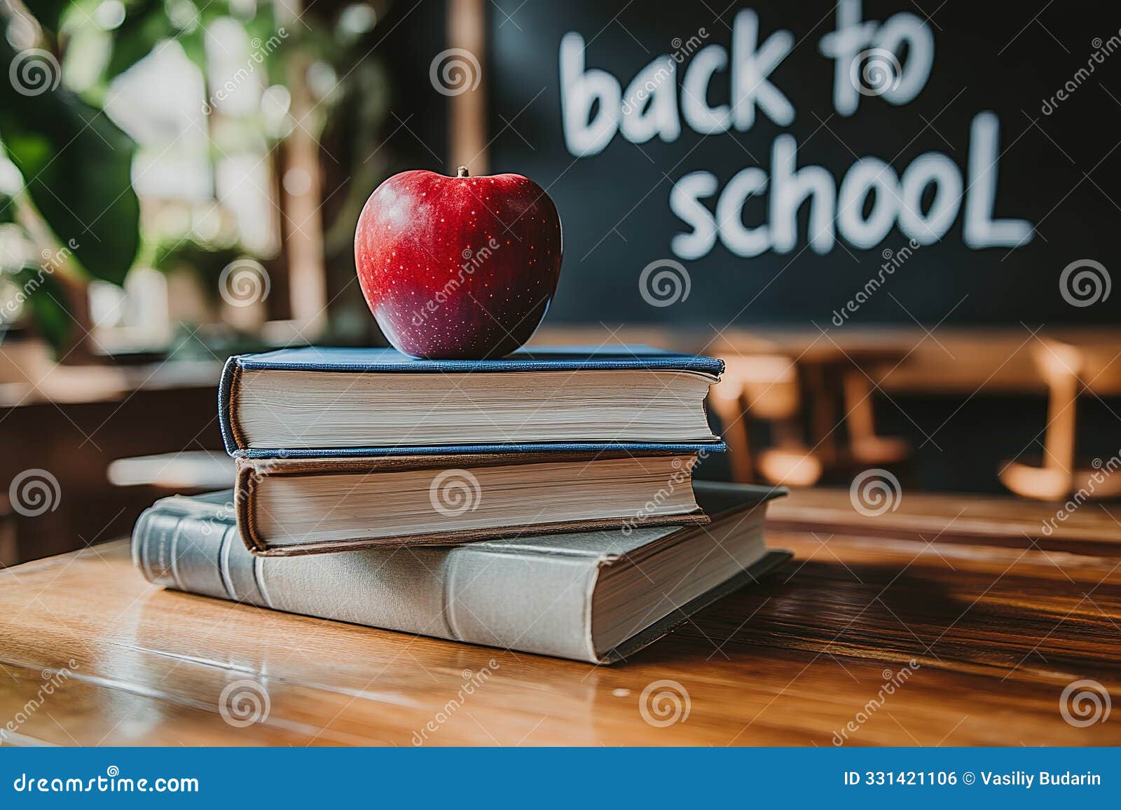School Books with Apple on Desk. Back To School Stock Photo - Image of ...