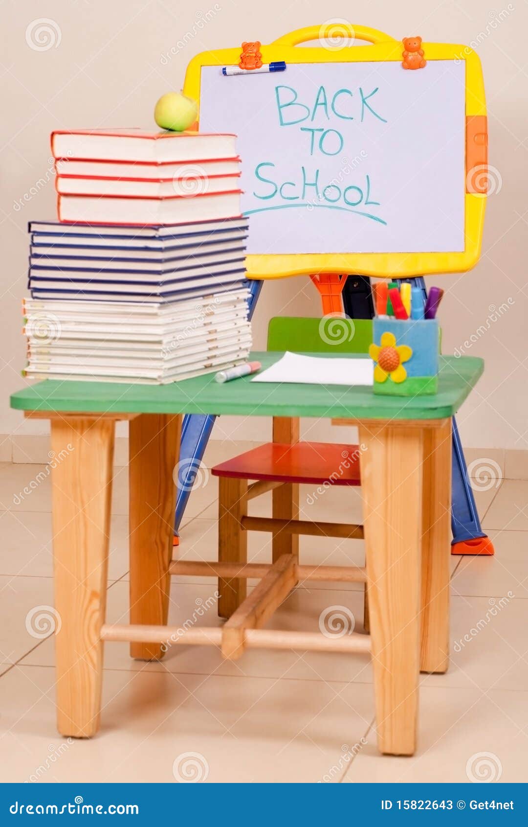 School Books and Apple on Desk with Sketchboard Stock Image - Image of ...