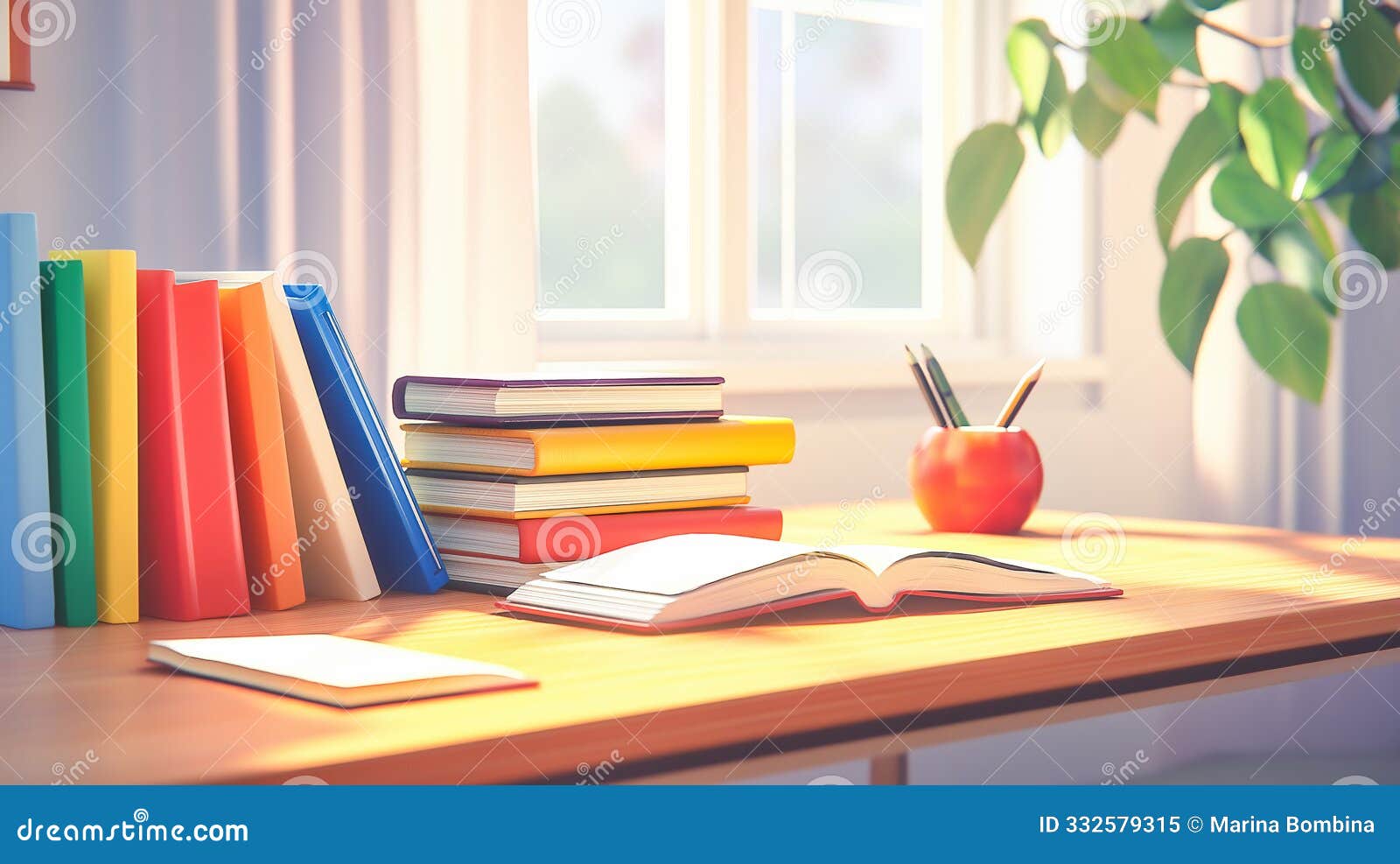 School books on desk stock illustration. Illustration of learn - 332579315