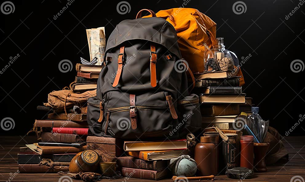 School Books Stack with Childs Backpack Stock Photo - Image of pile ...