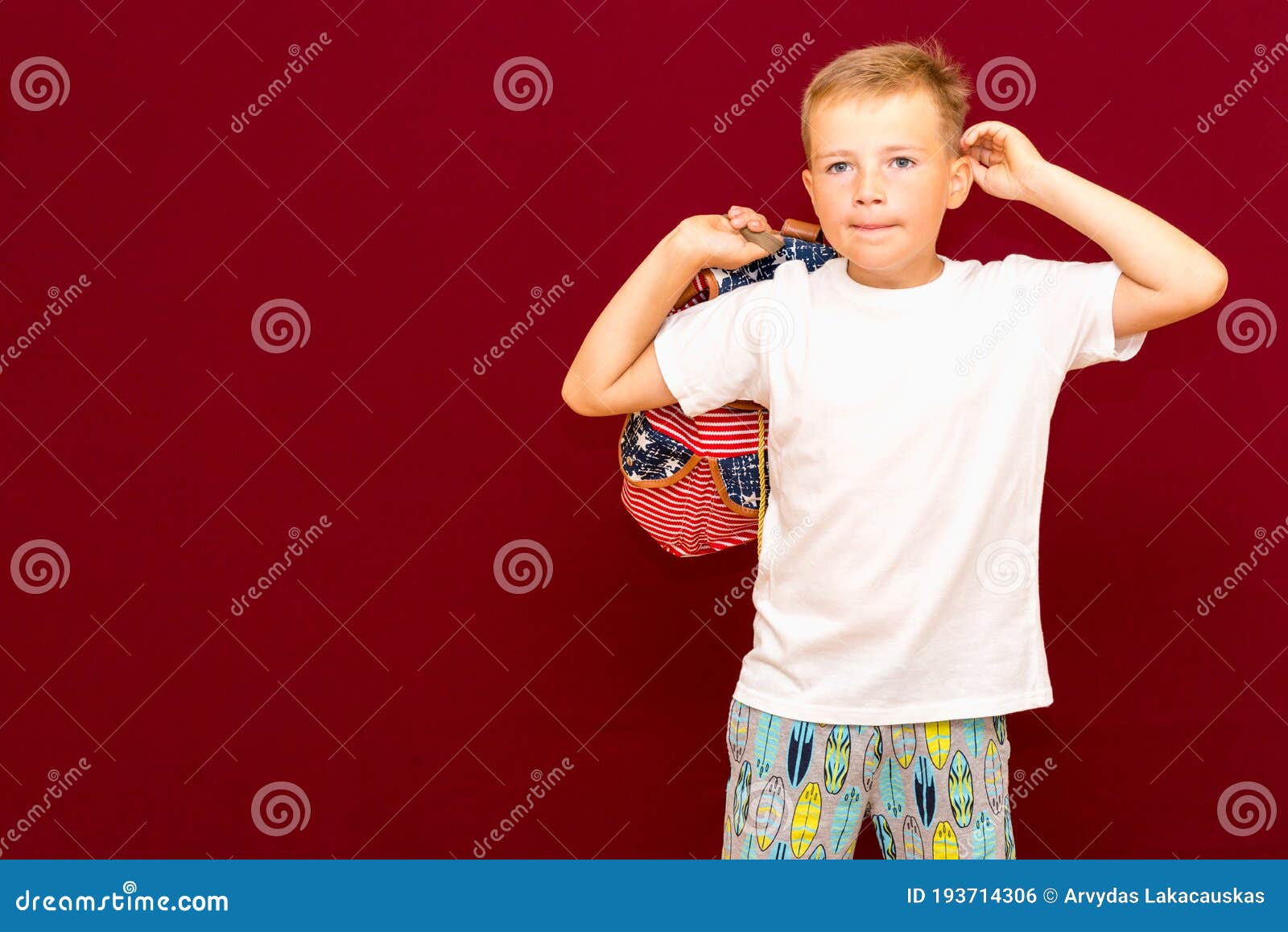 School Boy with Backpack, on Red Wall Stock Photo - Image of isolated ...