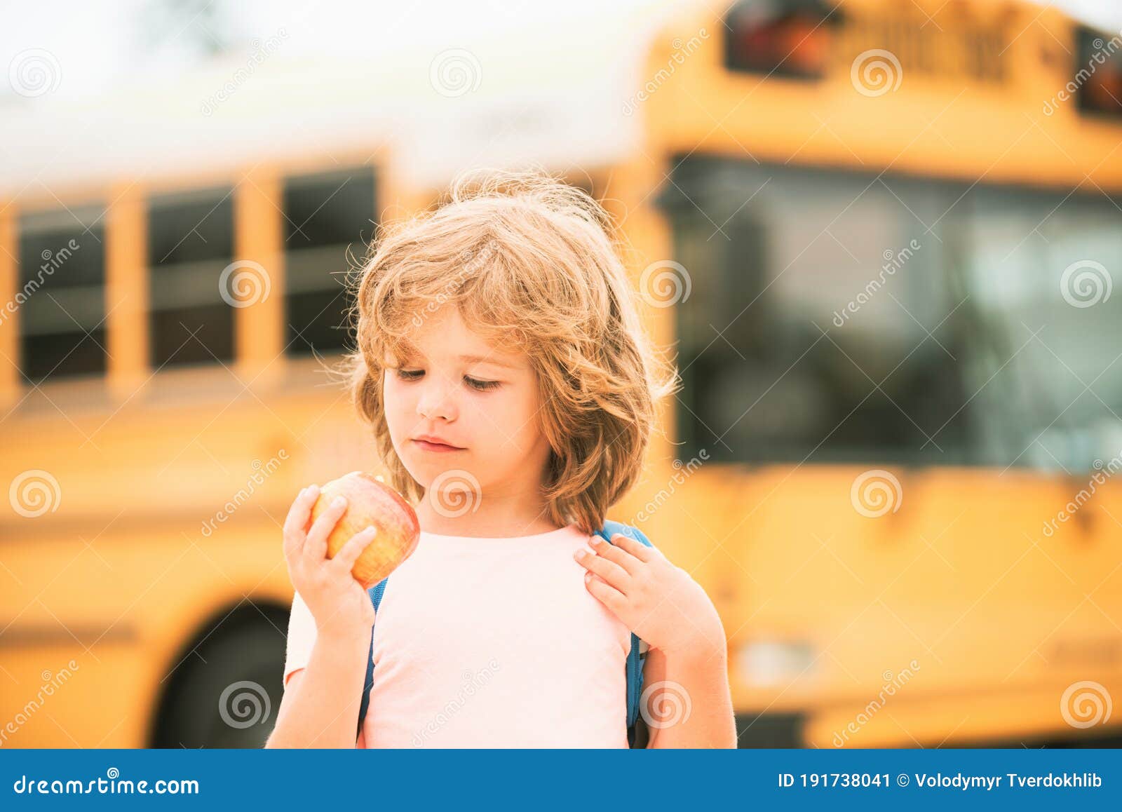 School Boy on School Bus. School Child Pupil with Apple. Stock Image ...