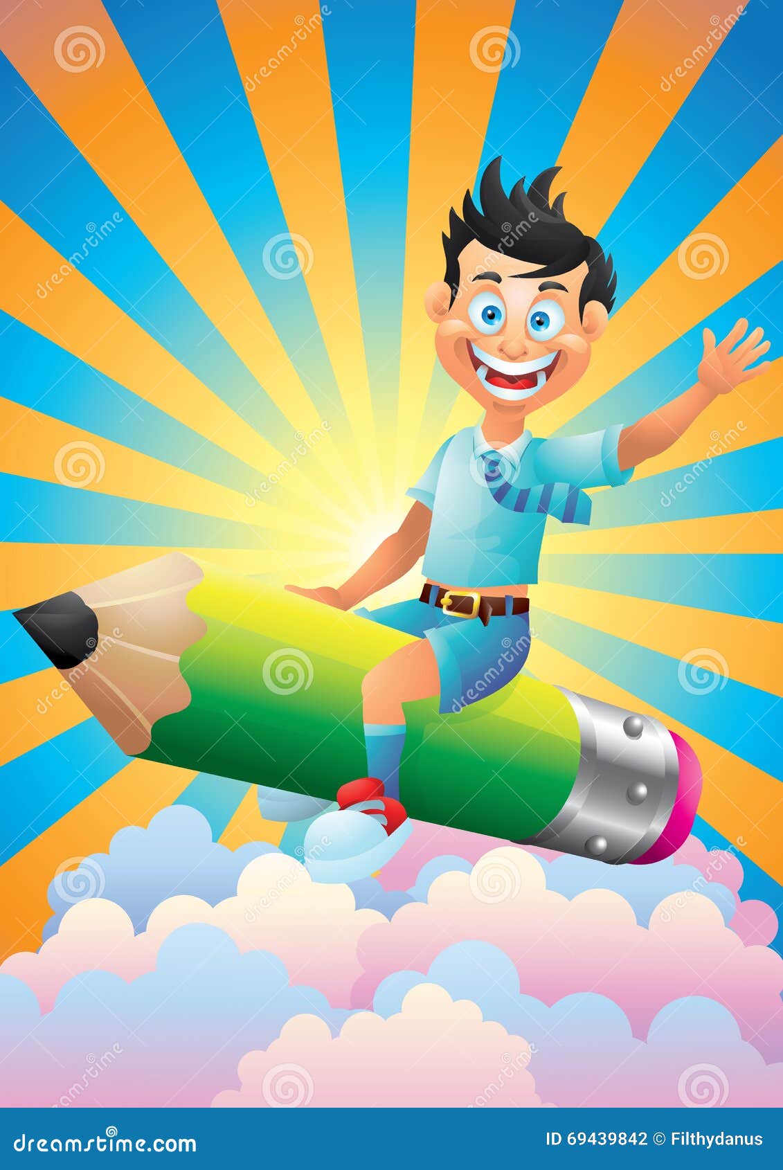 School Boy Cartoon Character Riding Pencil in the Clouds Sky Stock ...