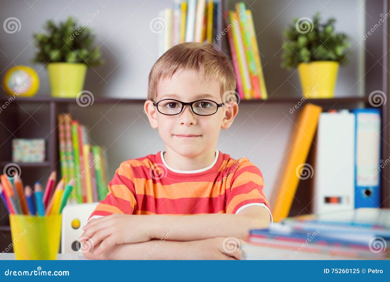 School Boy at Classroom Desk Making Schoolwork Stock Image - Image of ...
