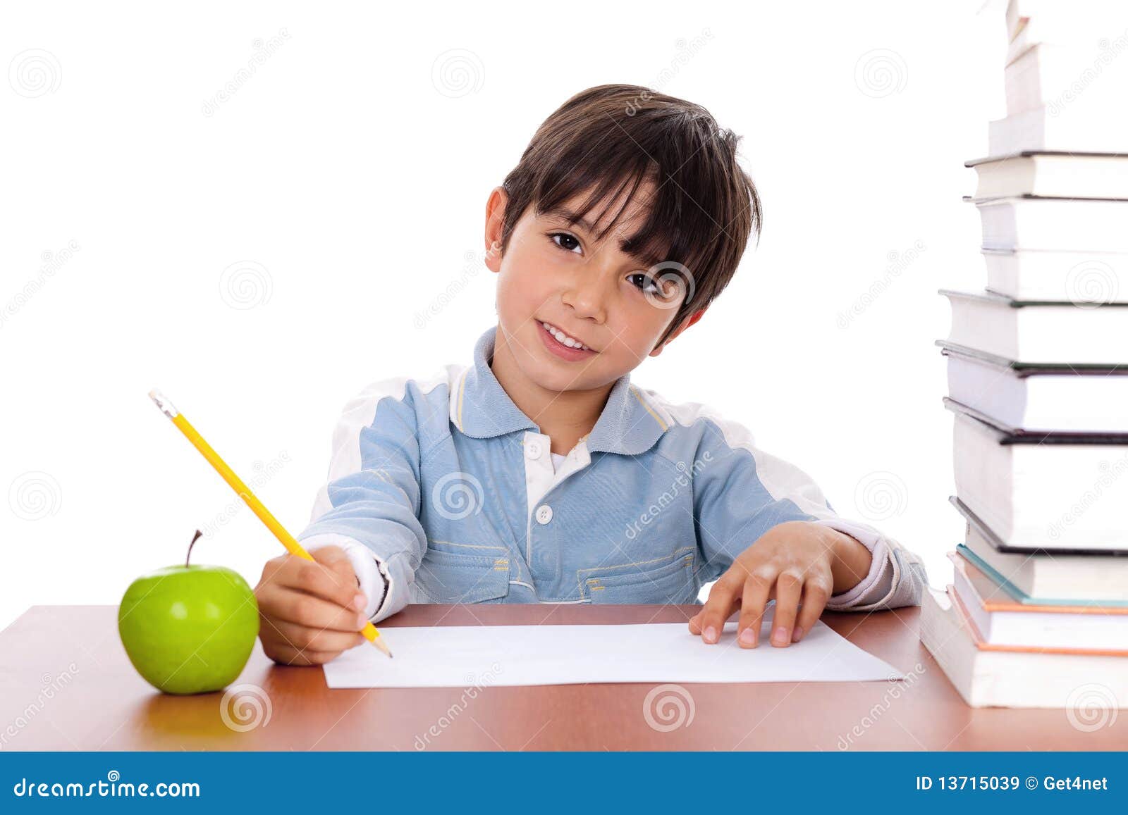 School Boy Doing His Homework with an Apple Stock Image - Image of ...