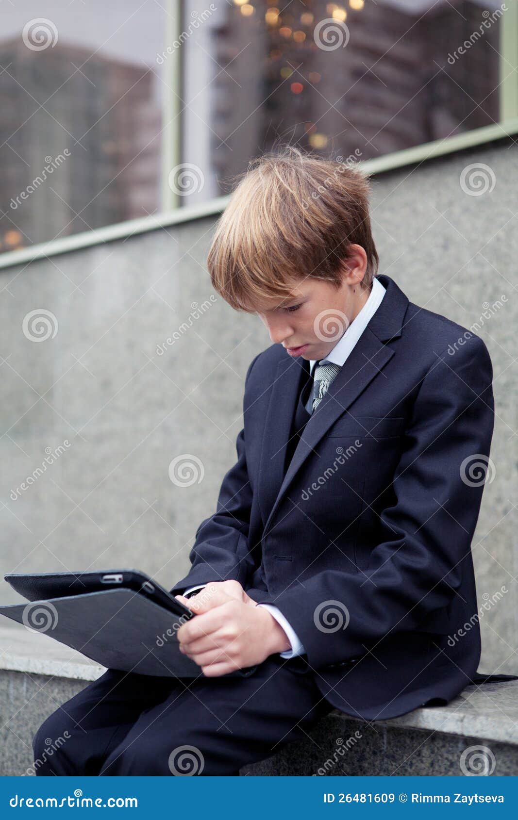 School Boy with Electronic Tablet Sitting, Stock Image - Image of suit ...