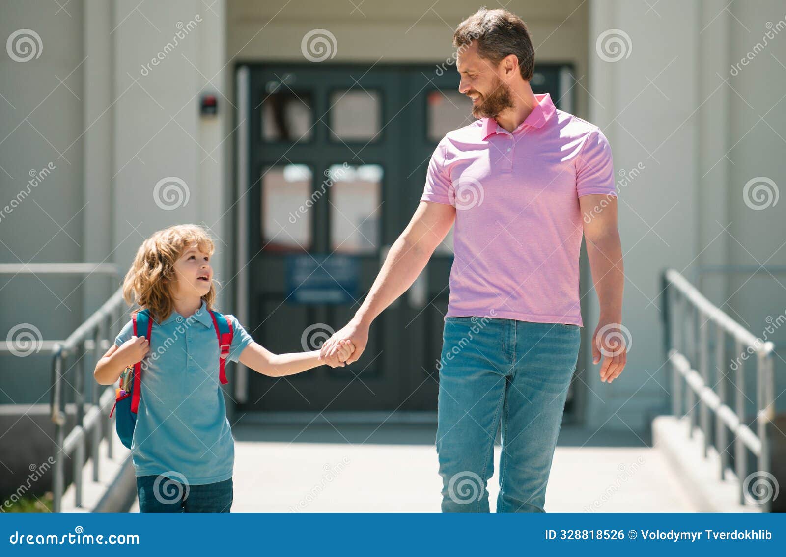 School Boy Going To School with Father. Stock Photo - Image of american ...