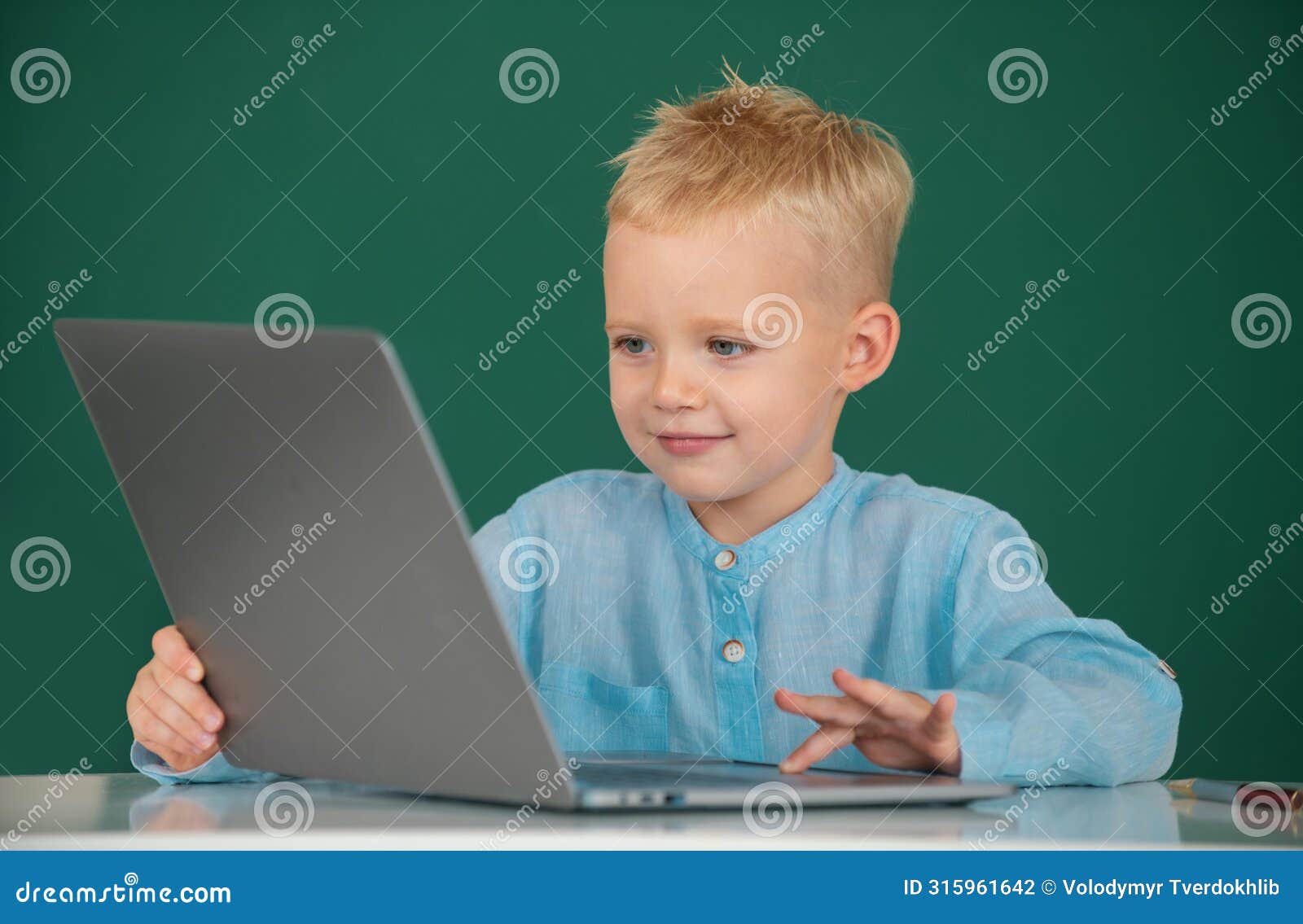 School Boy Learn Lesson Sitting at Desk, Studying Online E-learning Use ...