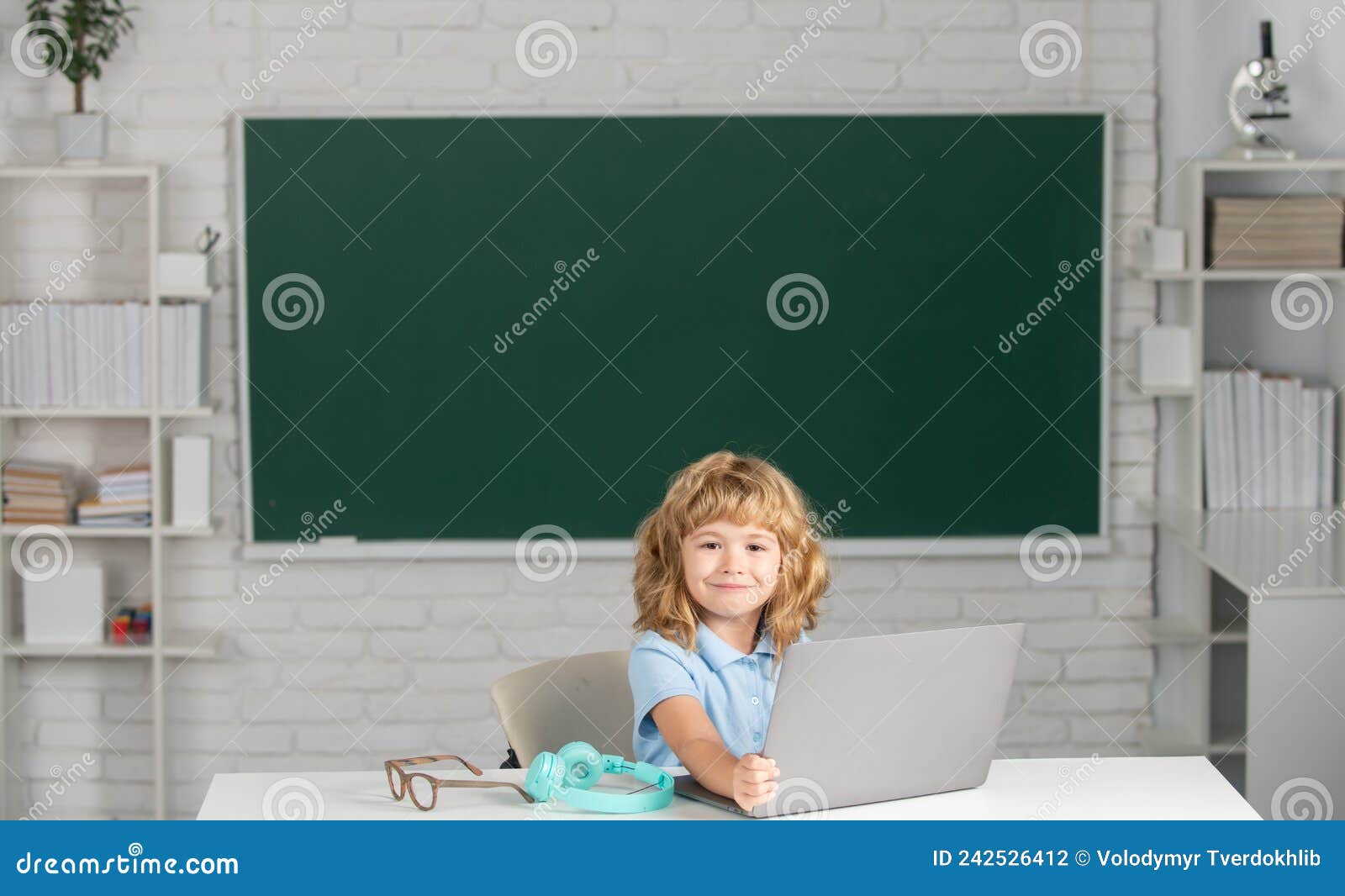 School Boy Learn Lesson Sitting at Desk, Studying Online E-learning ...